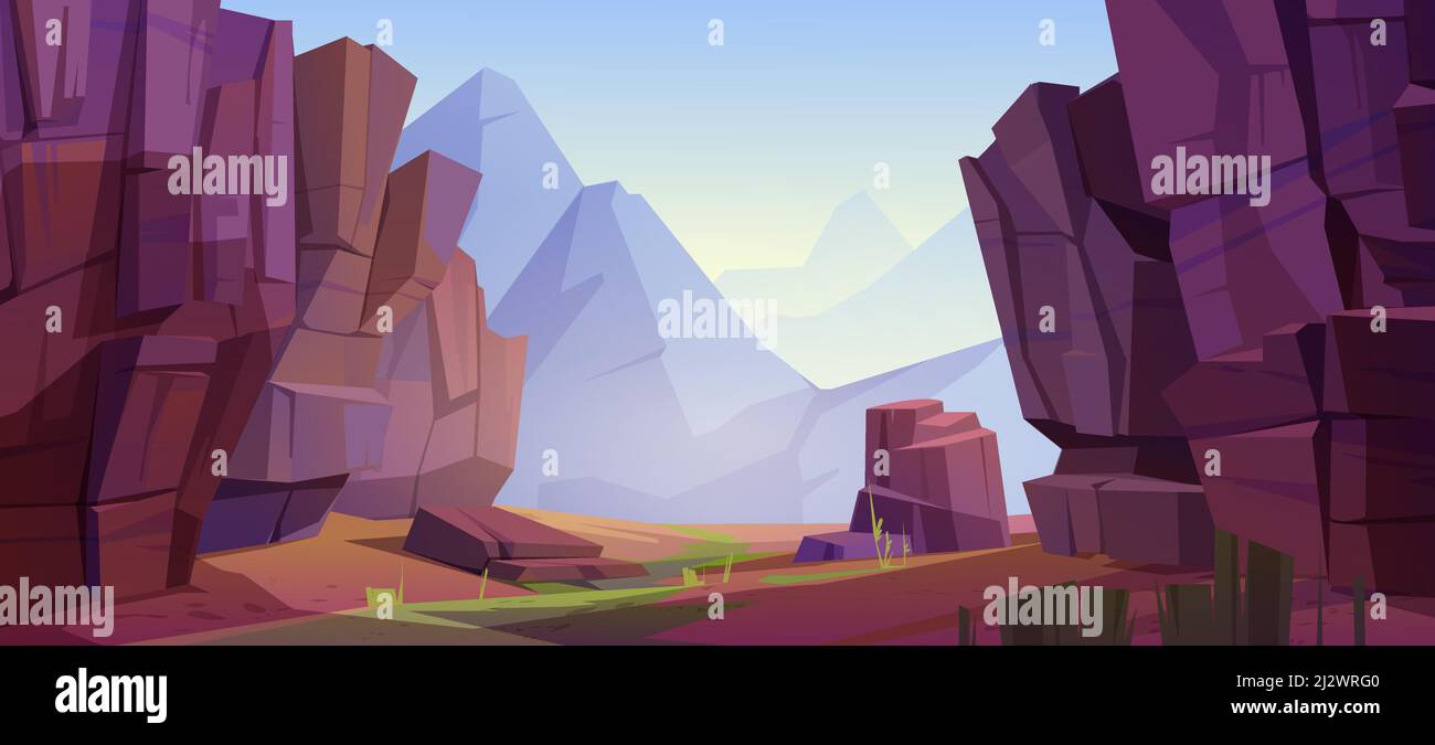 Mountain landscape with canyon, red dry ground and green grass on old ...