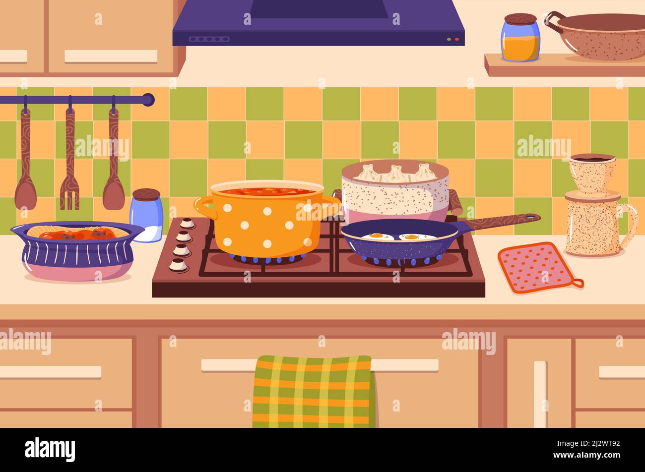 Pot and pan on stove kitchen. Cartoon boiling soup and fried eggs in ...