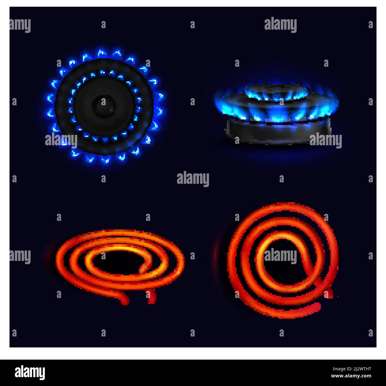 Hotplates, burning gas stove and electric coil, blue flame and red ...