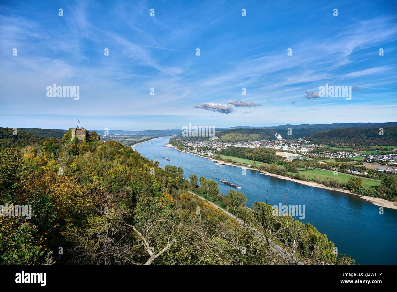 View of Rheineck Castle, the Rhine Valley and the Siebengebirge, Bad ...