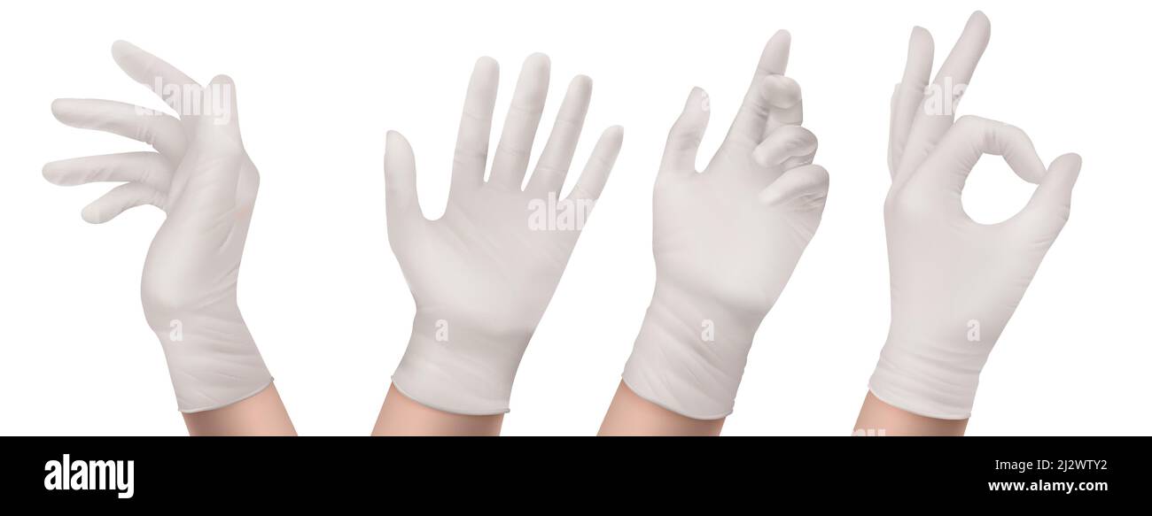 Nitrile gloves on hand front and side view. White rubber disposable ...