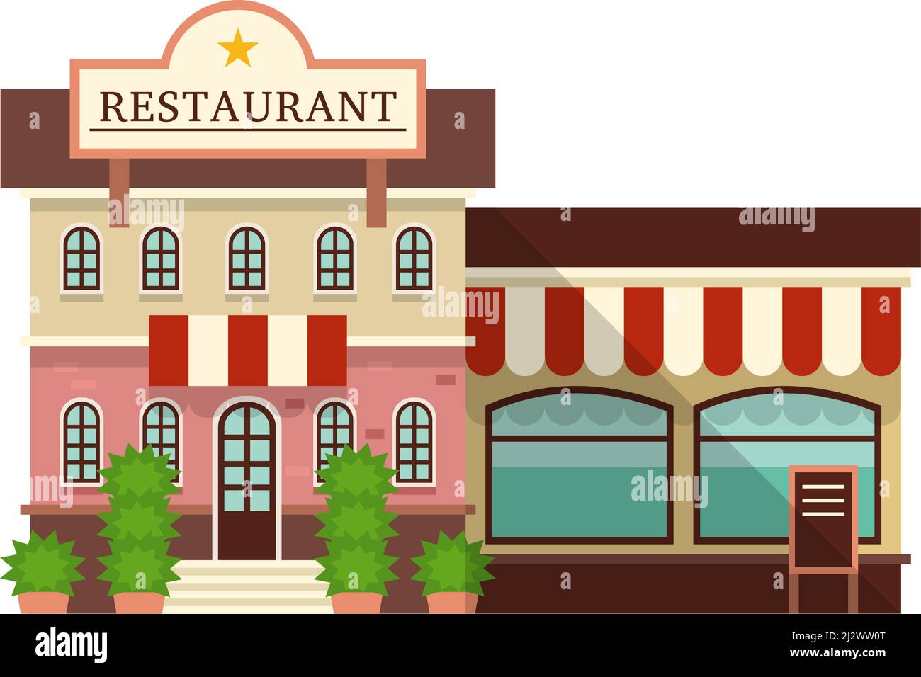 Restaurant front. Beautiful building facade with awning and greenery ...
