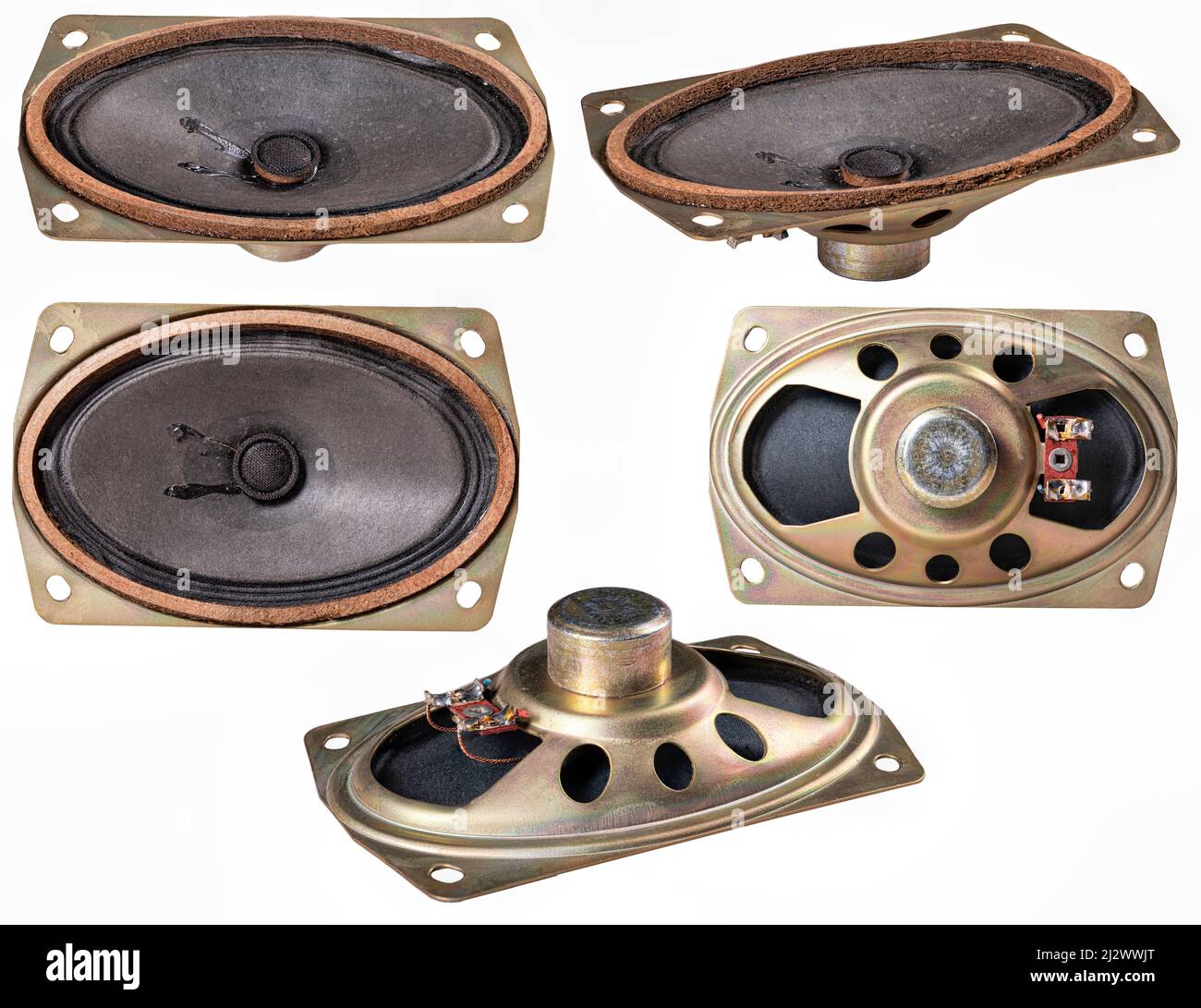 An old loudspeaker used in old electronic devices. Isolated background ...