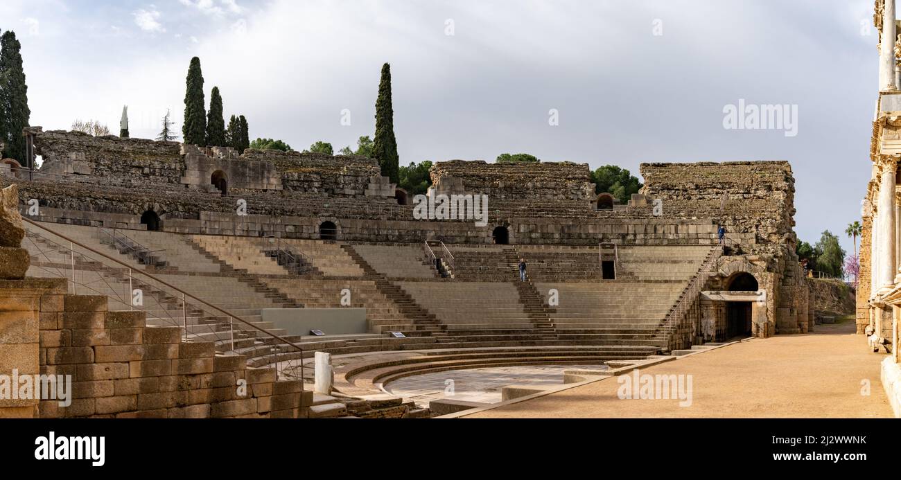 Merida, Spain -- 28 March, 2022: panorama view of the Roman ...