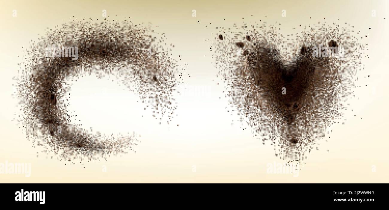 Explosion of coffee bean and powder in shape of heart and circle ...