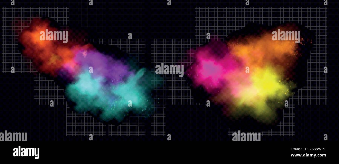Explosions of color powder or dust with particles. Vector realistic set ...