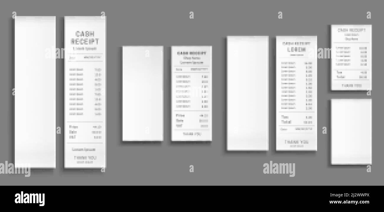 Shop receipts, paper cash checks. Vector realistic mockup of purchase ...