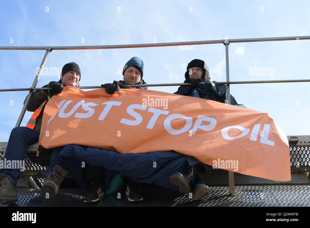Just Stop Oil protest at the Esso fuel terminal in Purfleet Essex UK ...