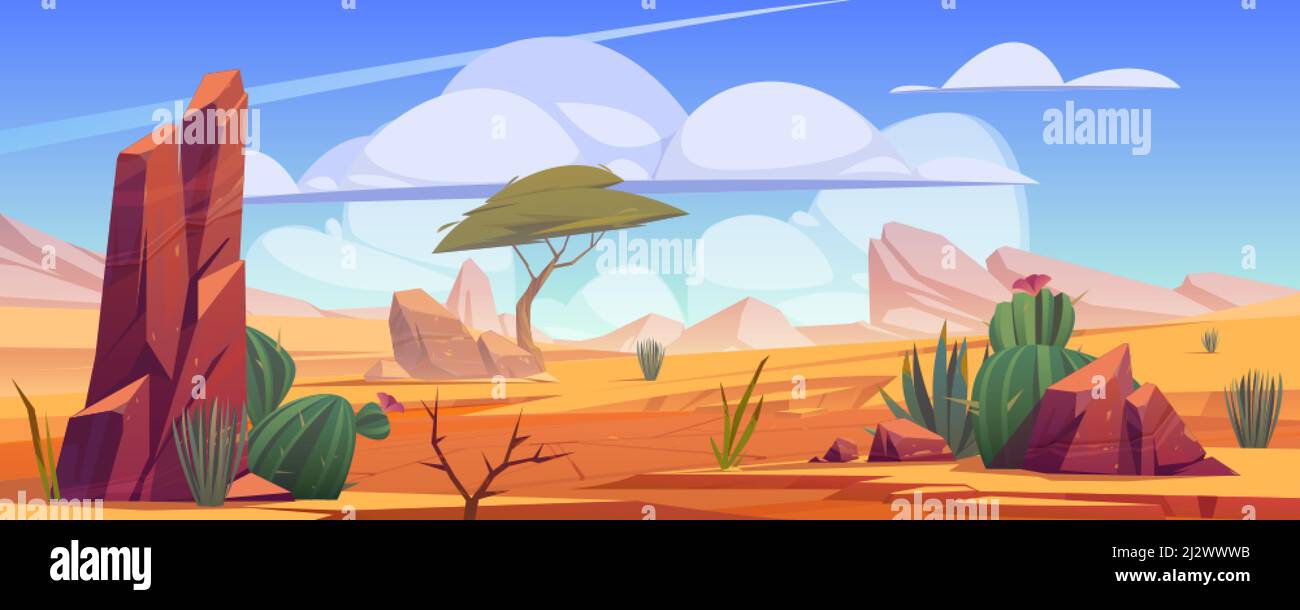 Desert landscape with rocks, tropical tree, grass and blooming cactuses ...