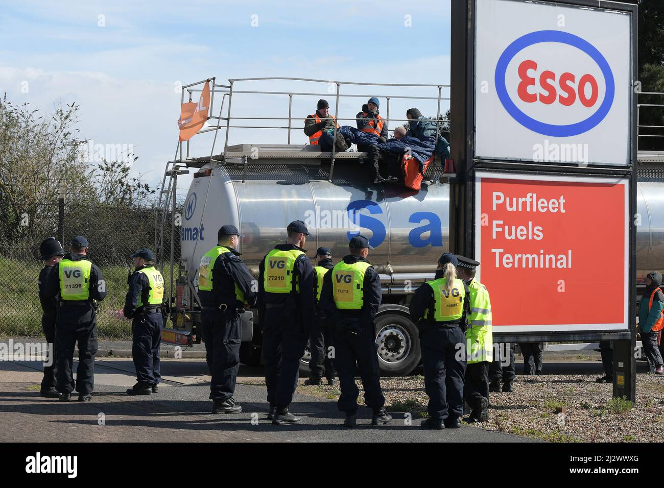 Just Stop Oil protest at the Esso fuel terminal in Purfleet Essex UK ...