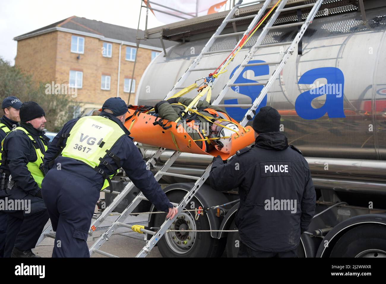 Just Stop Oil protest at the Esso fuel terminal in Purfleet Essex UK ...