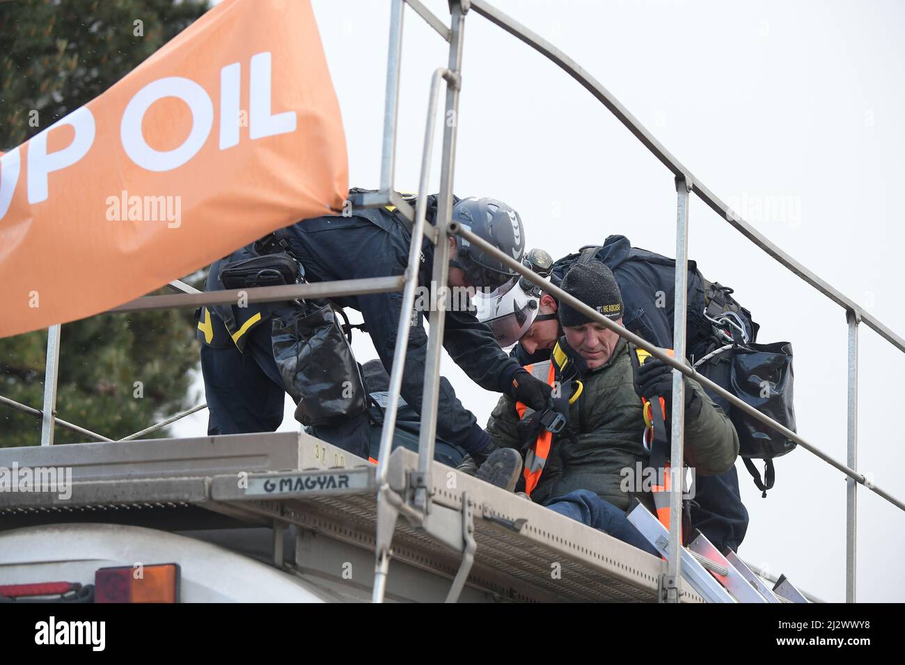 Just Stop Oil protest at the Esso fuel terminal in Purfleet Essex UK ...