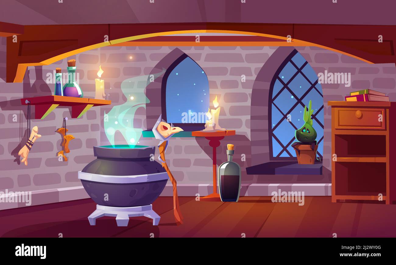Magic room interior with witch stuff cauldron, staff with bird skull ...