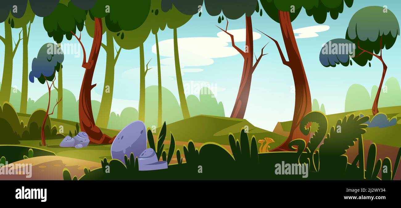 Cartoon forest background, nature landscape with deciduous trees, rocks ...