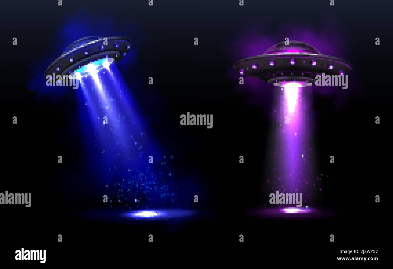 3d UFO, vector alien space ships with blue and purple light beams with ...