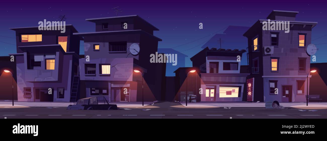 Ghetto street at night, slum ruined abandoned old buildings with ...