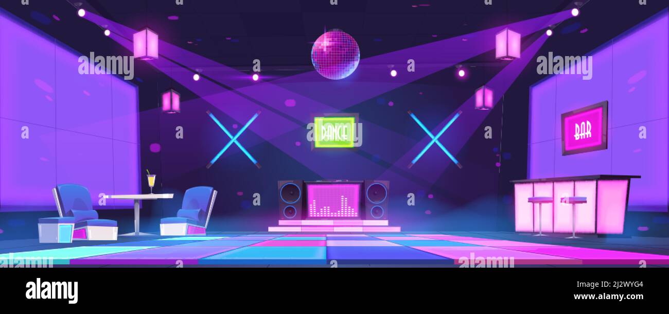 Nightclub with bar counter, tables, dj console and dance floor ...