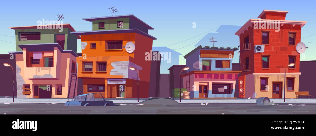 Poor dirty houses in ghetto area. Vector cartoon cityscape with slum ...