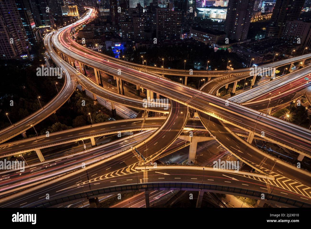 famous Yan An intersection in Shanghai, long exposure at night, People ...