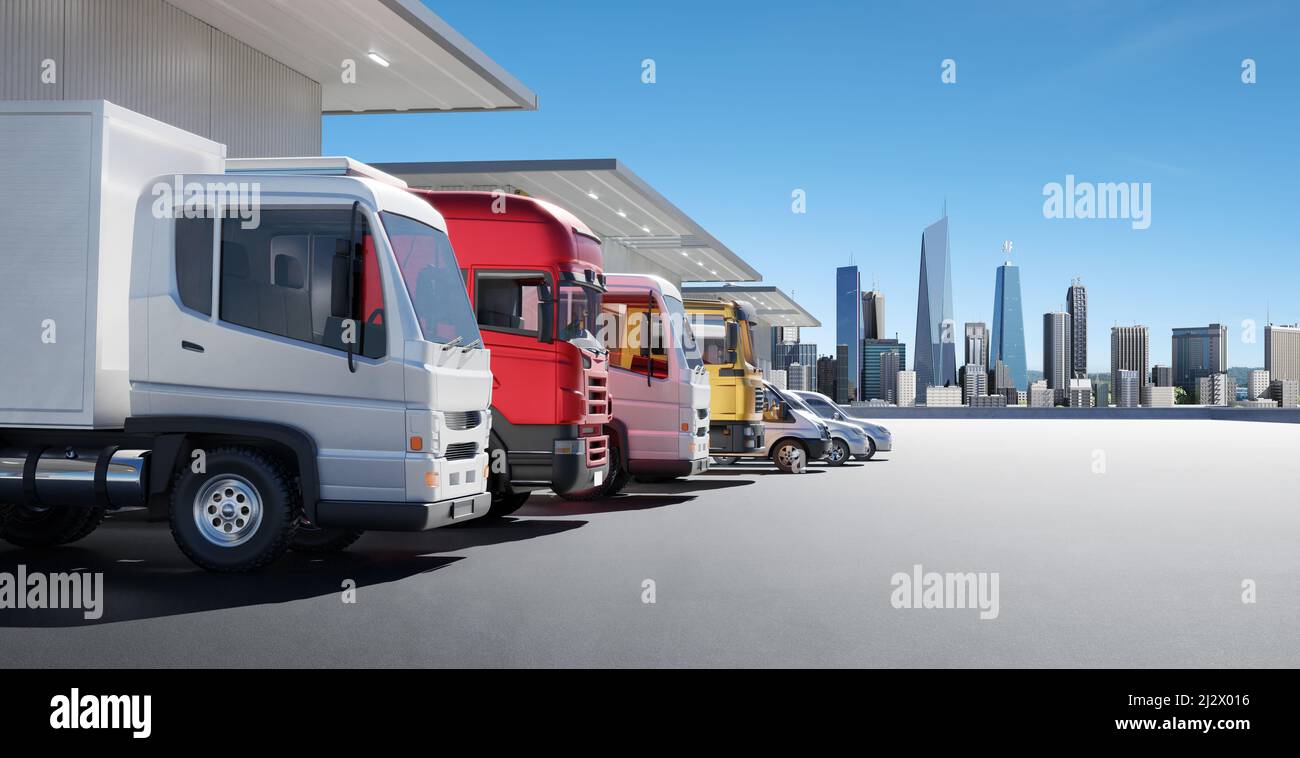 Commercial delivery vehicles in a row with empty floor and cityscape ...