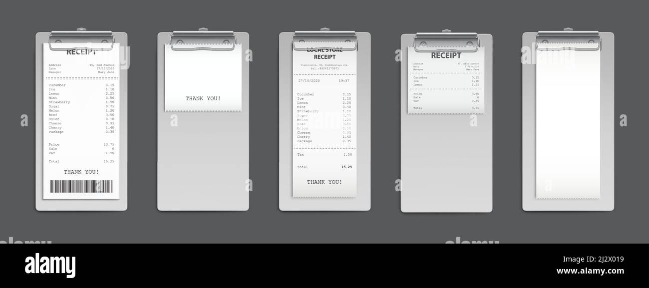 Cash receipt on clipboard, purchase bill invoice, supermarket shopping ...