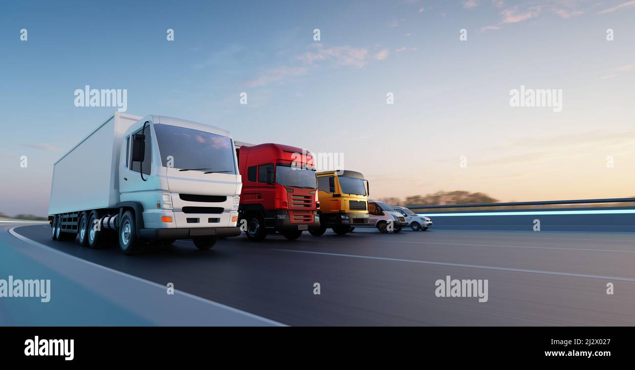 Commercial delivery vehicles in a row on the road. Fast delivery,cargo ...