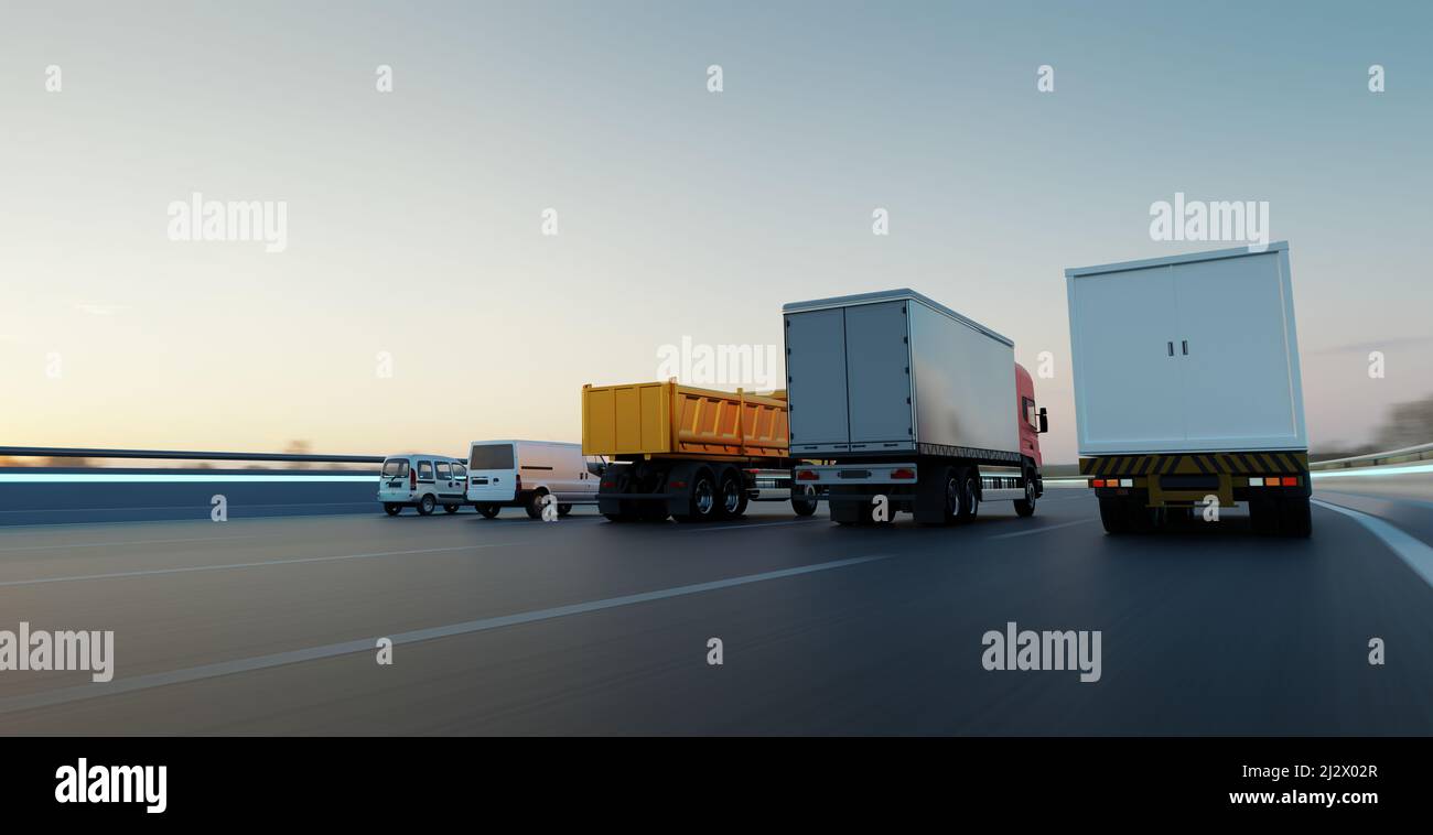 Commercial delivery vehicles in a row on the road. Fast delivery,cargo ...