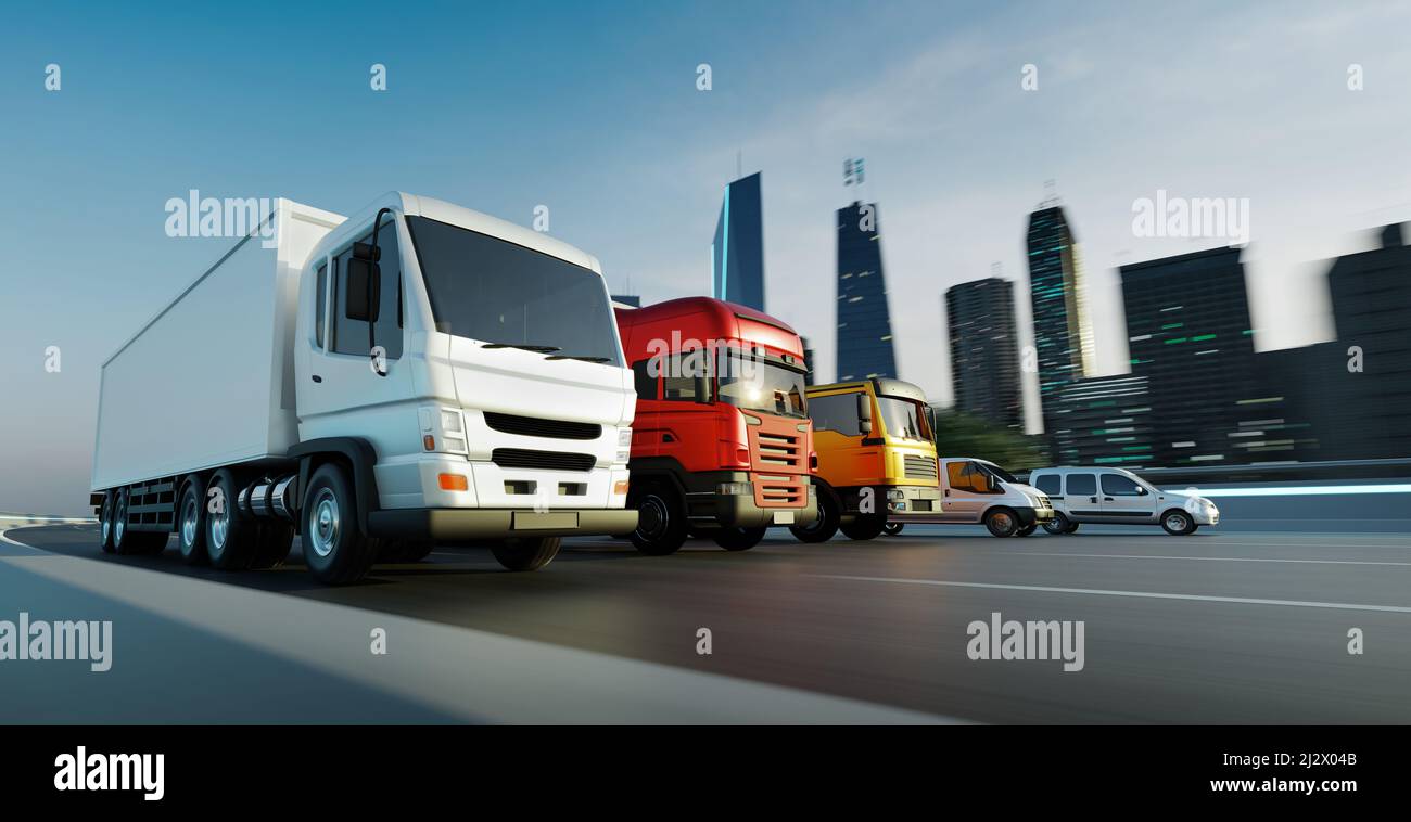 Commercial delivery vehicles in a row on the road. Fast delivery,cargo ...