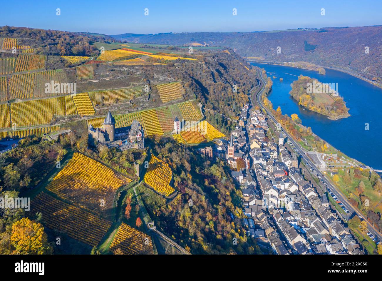 Aerial view of Stahleck Castle, Bacharach, Rhine Valley, Rhineland ...
