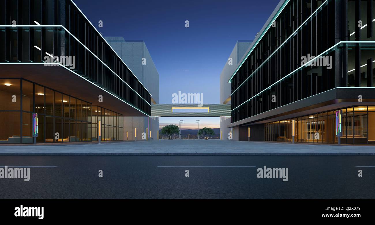 Street with exterior of a modern office building. 3d rendering Stock ...