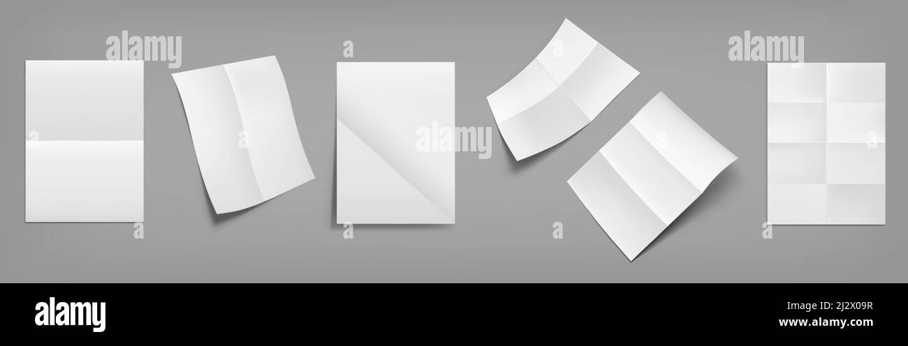 Folded blank posters, white paper sheets with crossing creases top and ...