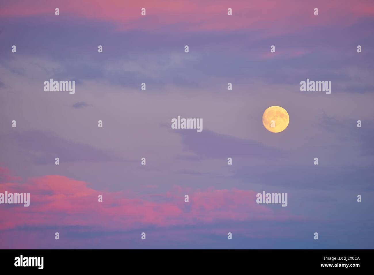 Full moon rising during spring evening with blue and pink sky Stock ...