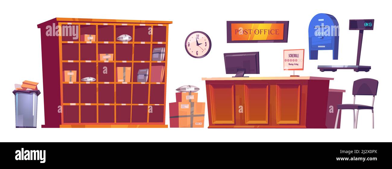 Post office interior stuff, furniture reception desk with computer and ...