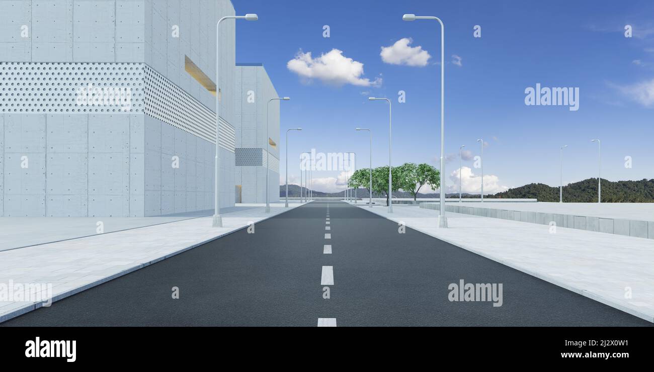Asphalt road with modern buildings. 3d rendering Stock Photo - Alamy