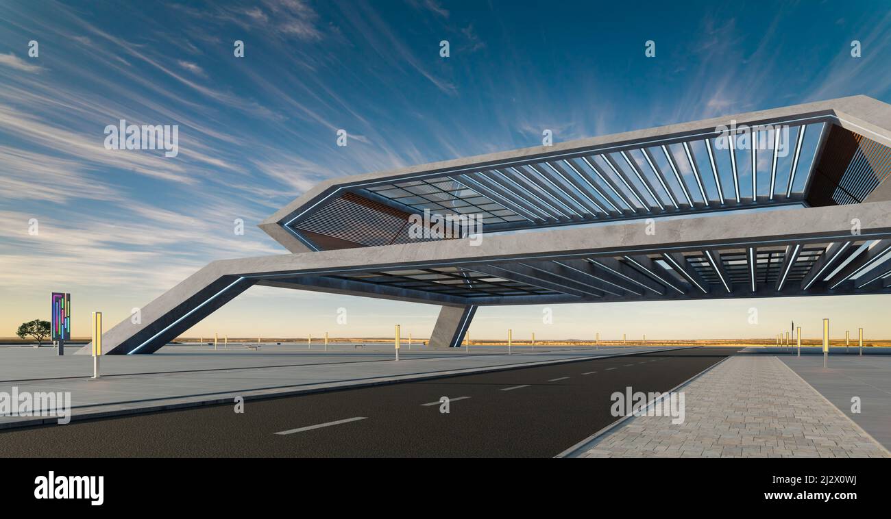 Perspective view of empty road and modern bridge structure building. 3d ...