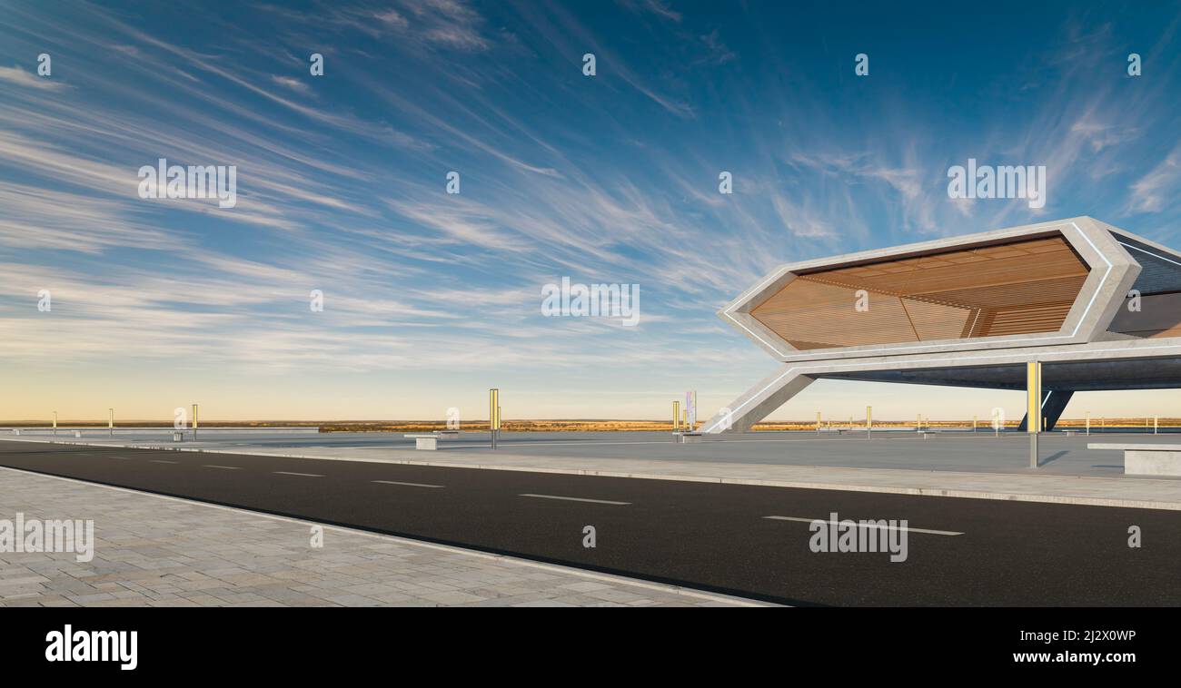 Roadside street view with modern buildings background. 3d rendering ...