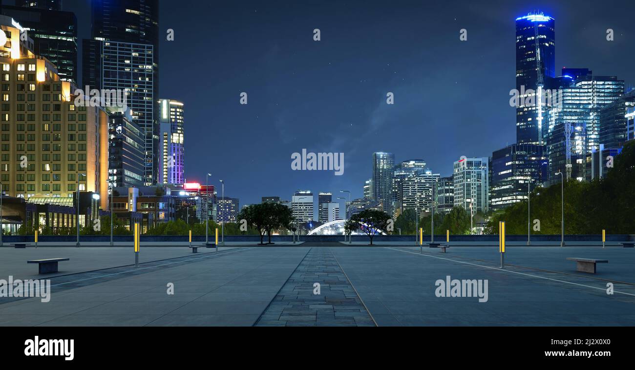 Panoramic view of empty urban floor with city skyline. Night scene ...