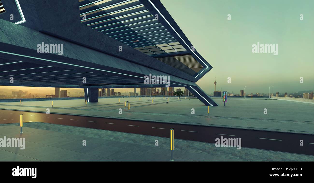 Perspective view of street and modern rooftop building with sunrise ...