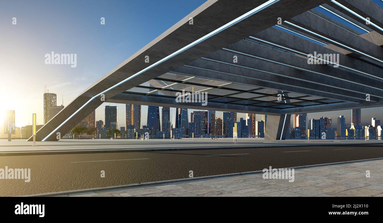 Roadside street view with modern rooftop building with cityscape scene ...