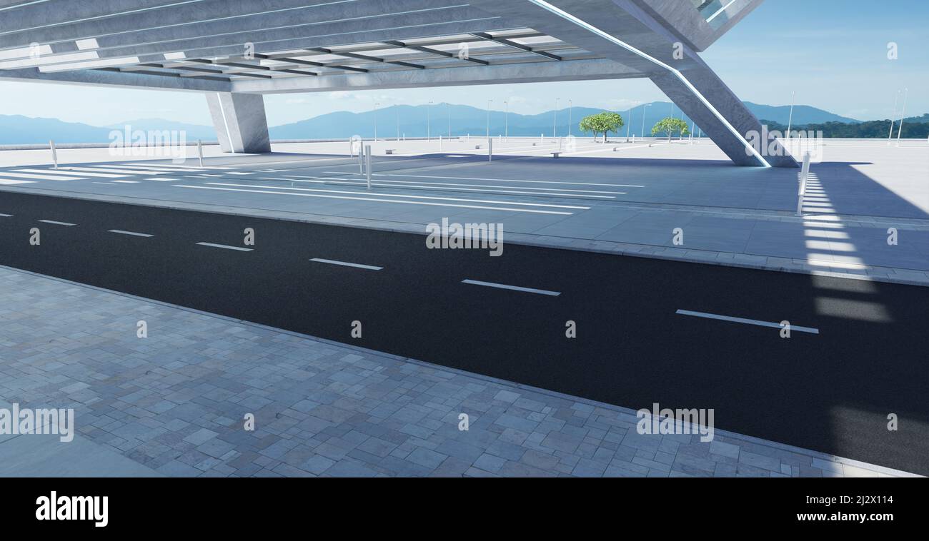Roadside street view with modern rooftop building. 3d rendering Stock ...
