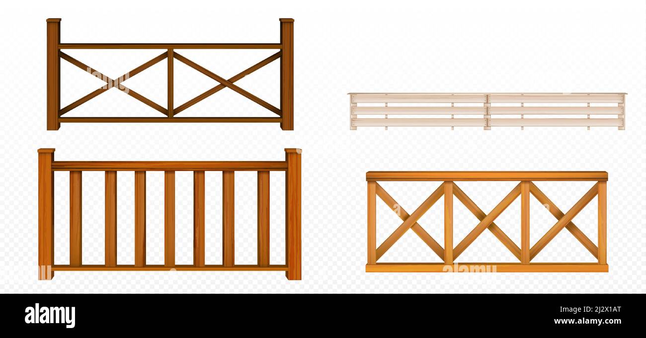 Wooden fences, handrail, balustrade sections with rhombus and grates ...