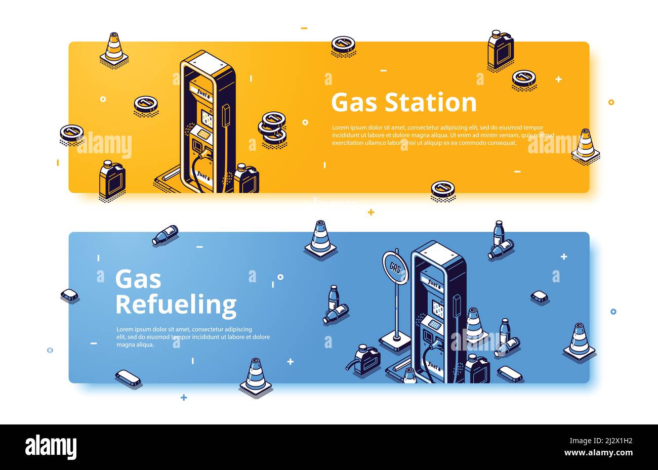Gas refueling station isometric web banner, petroleum fueling service ...