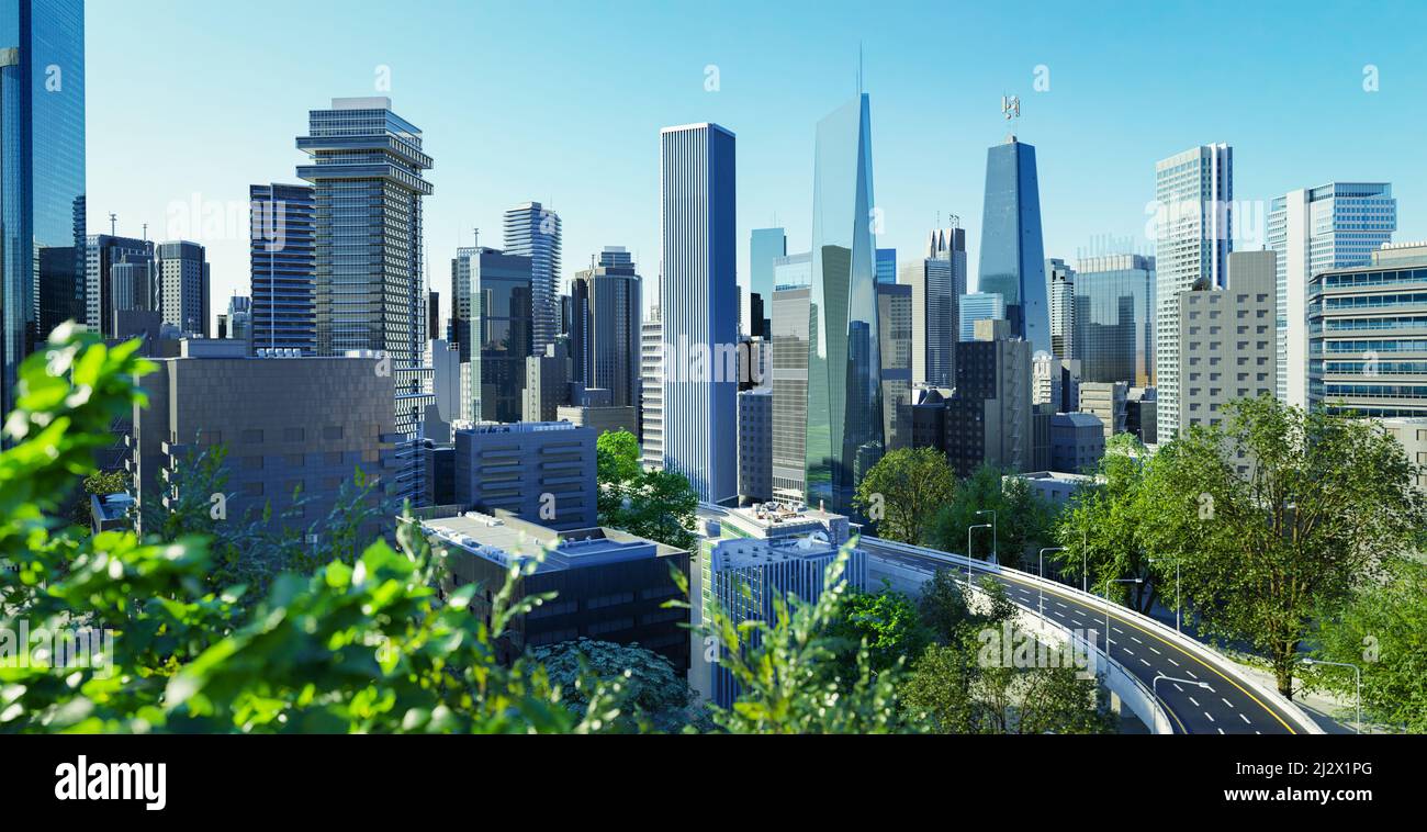 Virtual design modern cityscape skyline with curvy highway road at ...