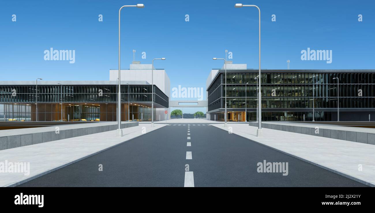 Roadside street view with office buildings background. 3d rendering ...