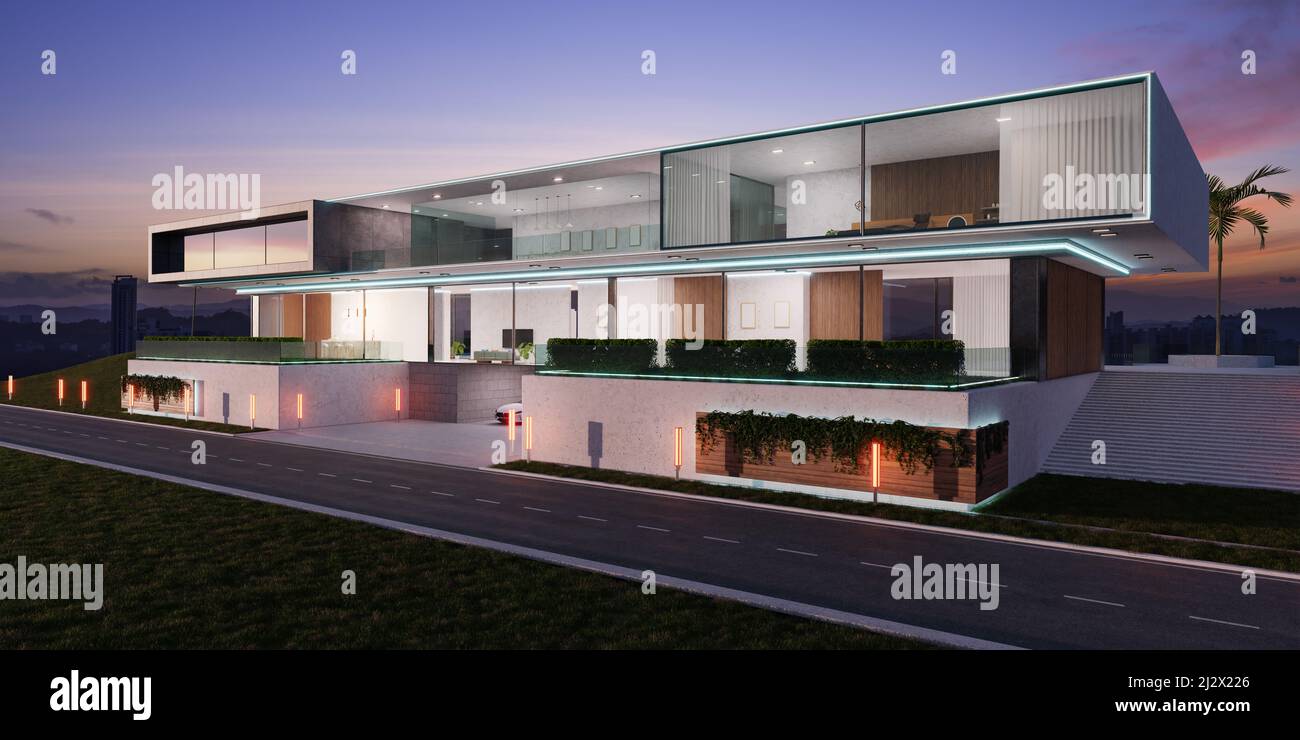 Beautiful modern luxury villa. NIght scene. 3d rendering Stock Photo ...