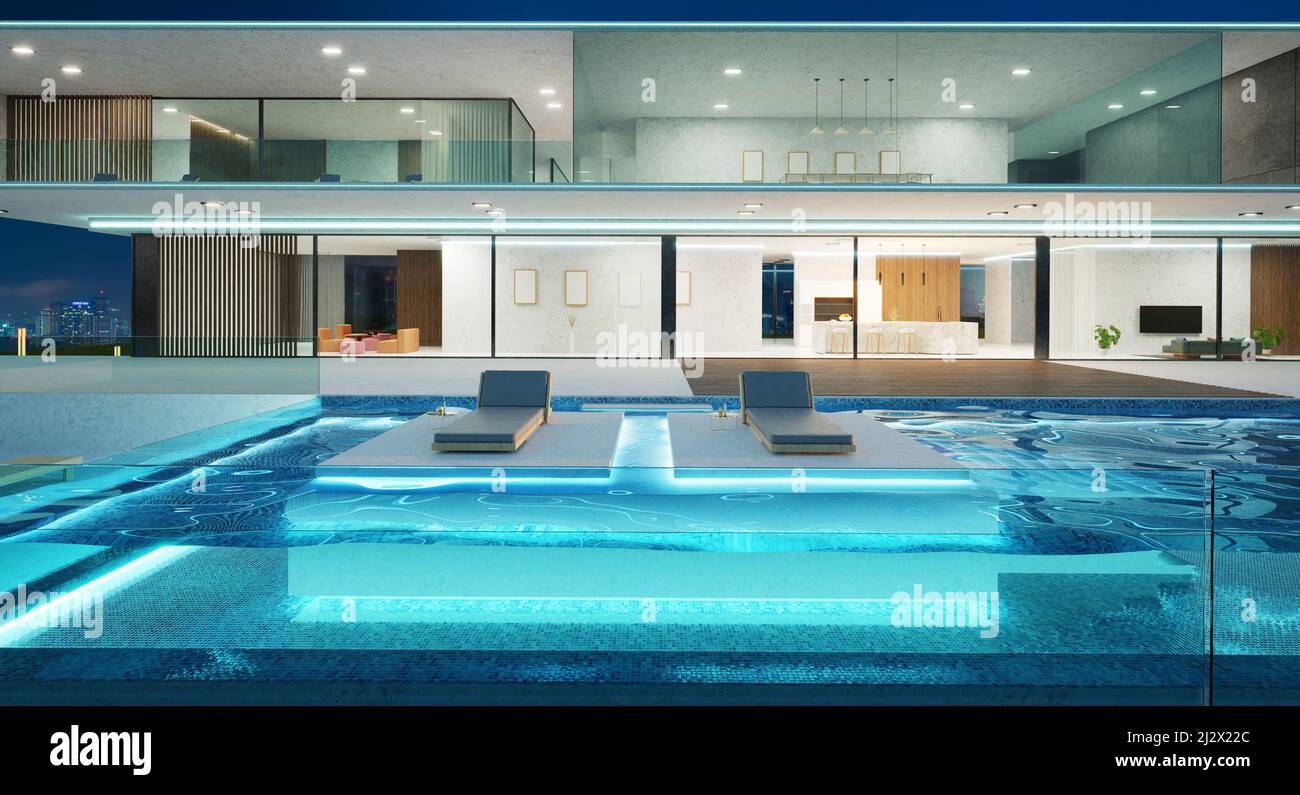 Modern villa with a swimming pool at night. 3D rendering Stock Photo ...