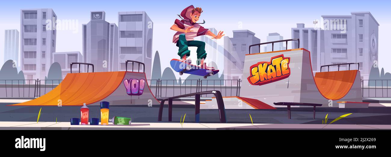 Skate park with boy riding on skateboard. Vector cartoon cityscape with ...