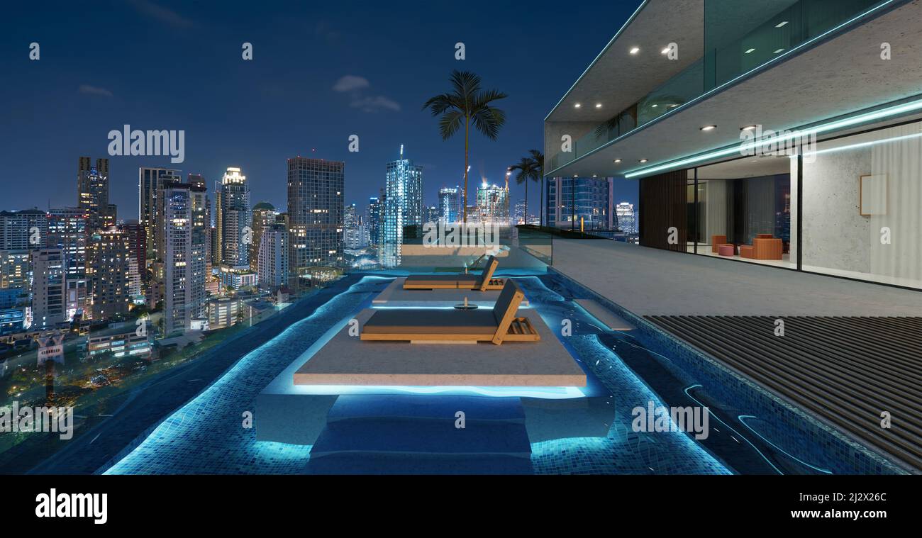 Luxury villa exterior design with beautiful night cityscape at the ...