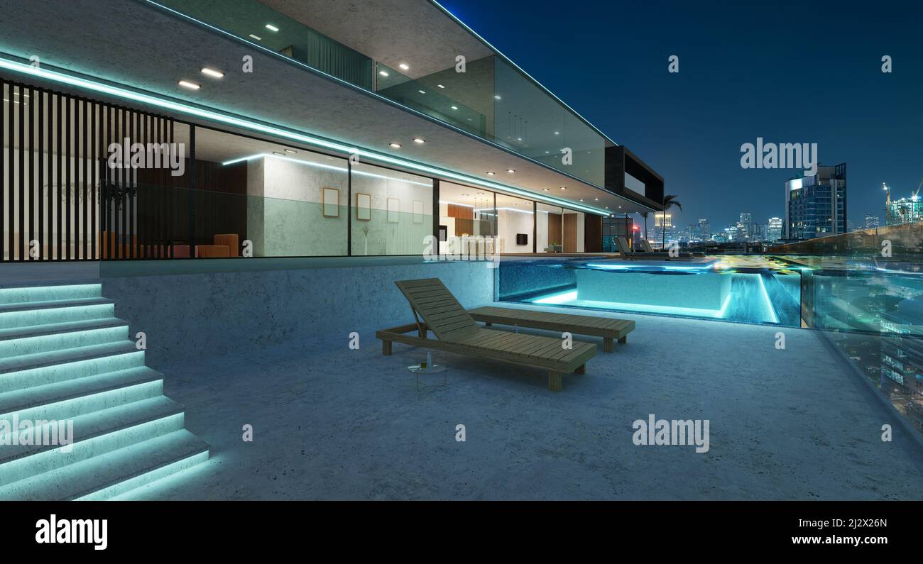 Luxury villa exterior design with beautiful night cityscape at the ...