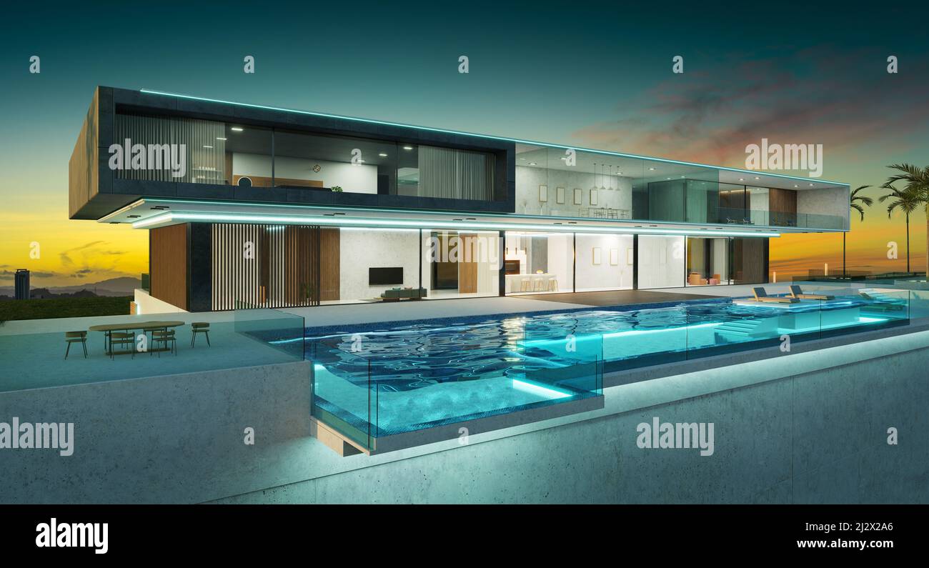 Luxury villa exterior design with beautiful infinity pool. Early ...